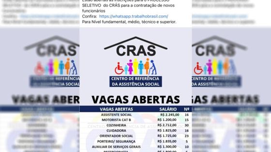 Prefeitura alerta para falso anúncio de vagas abertas para o Cras de ...