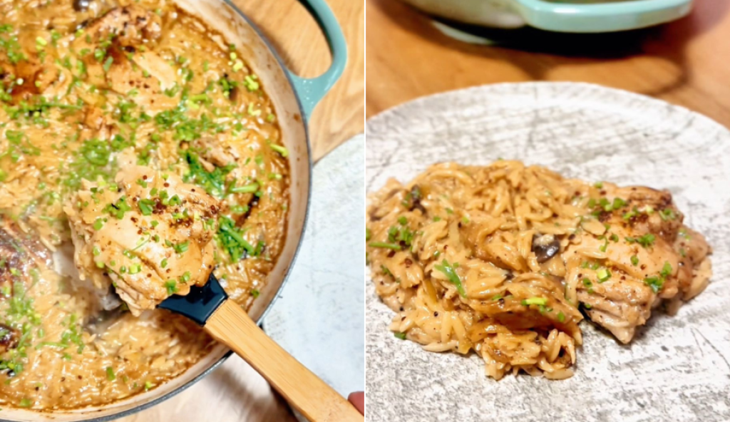 Receita de uma panela só: risoni com cogumelos e sobrecoxa de frango