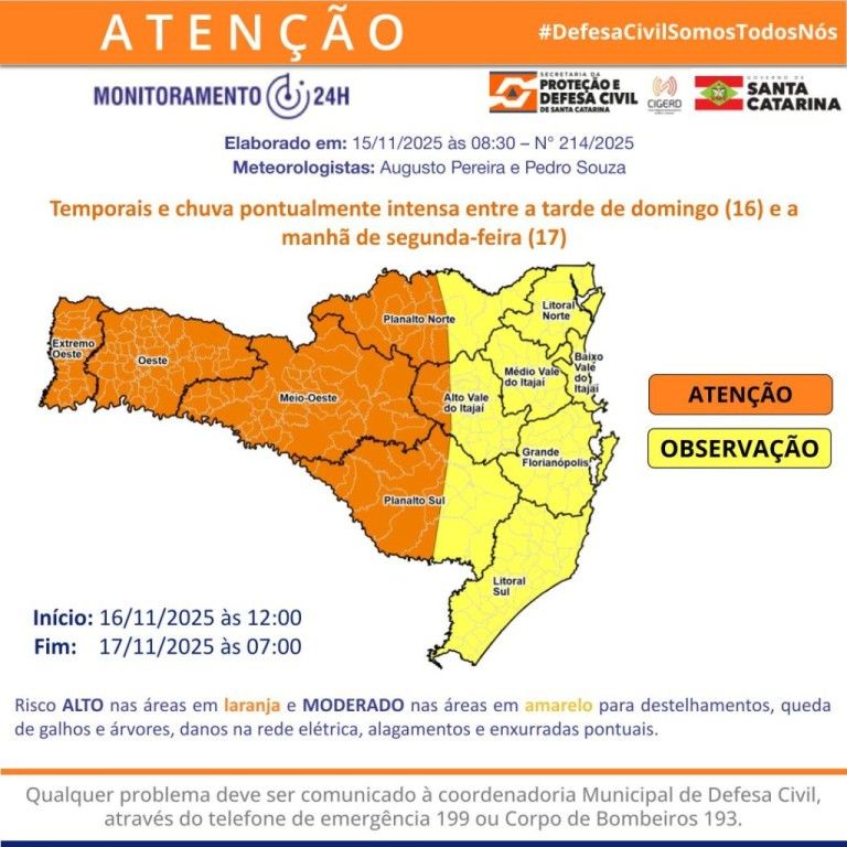 Defesa Civil de SC alerta para risco de temporais entre domingo e segunda